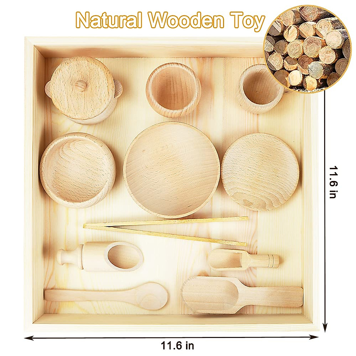 12 Pcs Wooden Sensory Bin Tools, 1 Wooden Box + 11 Sensory Tools for Toddlers & Preschool Children, Montessori Sensory Wooden Toys Fine Motor Learning Pretend Play for Kids