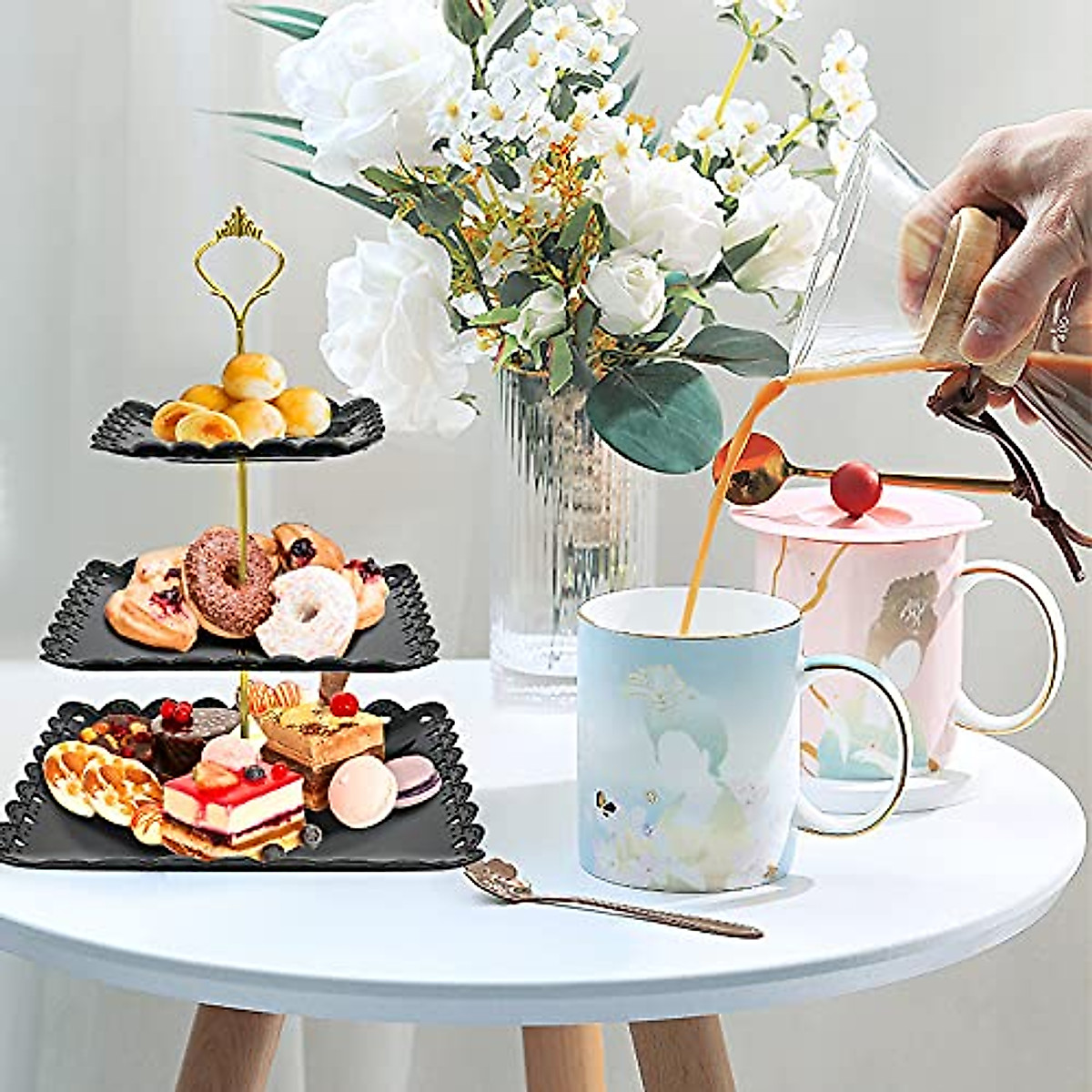 4 Pieces Plastic Cake Stand Set with 2pcs Large 3-Tier Cupcake Stands + 2pcs Appetizer Trays Perfect for Wedding Halloween Birthday Baby Shower Tea Party(Black)