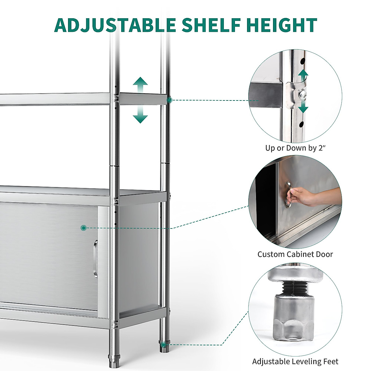 YITAHOME NSF Stainless Steel Shelves, 48"*18"*60" 4 Tier Storage Shelf with Cabinet, Heavy Duty Shelving for Kitchen Garage Office Restaurant Warehouse, 201 Bright Silver