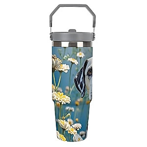 RTFGHJS Cute Dalmatian 30 Oz Tumbler with Handle And Flip Straw, Stainless Steel Vacuum Insulated Travel Mug, Thermal Cup for Coffee, Water, Iced Drinks, Fits Car Cup Holders (Home, Sports)