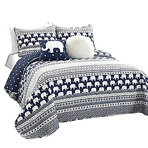 Lush Decor Elephant Stripe 5 Piece Quilt Set, Navy, Full Queen
