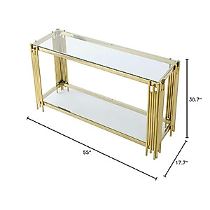 Modern Glass Console Table, 55" Gold Sofa Table with Sturdy Metal Frame and Clear Tempered Glass Top, for Living Room Entryway Bedroom, Gold Finish (Gold4)