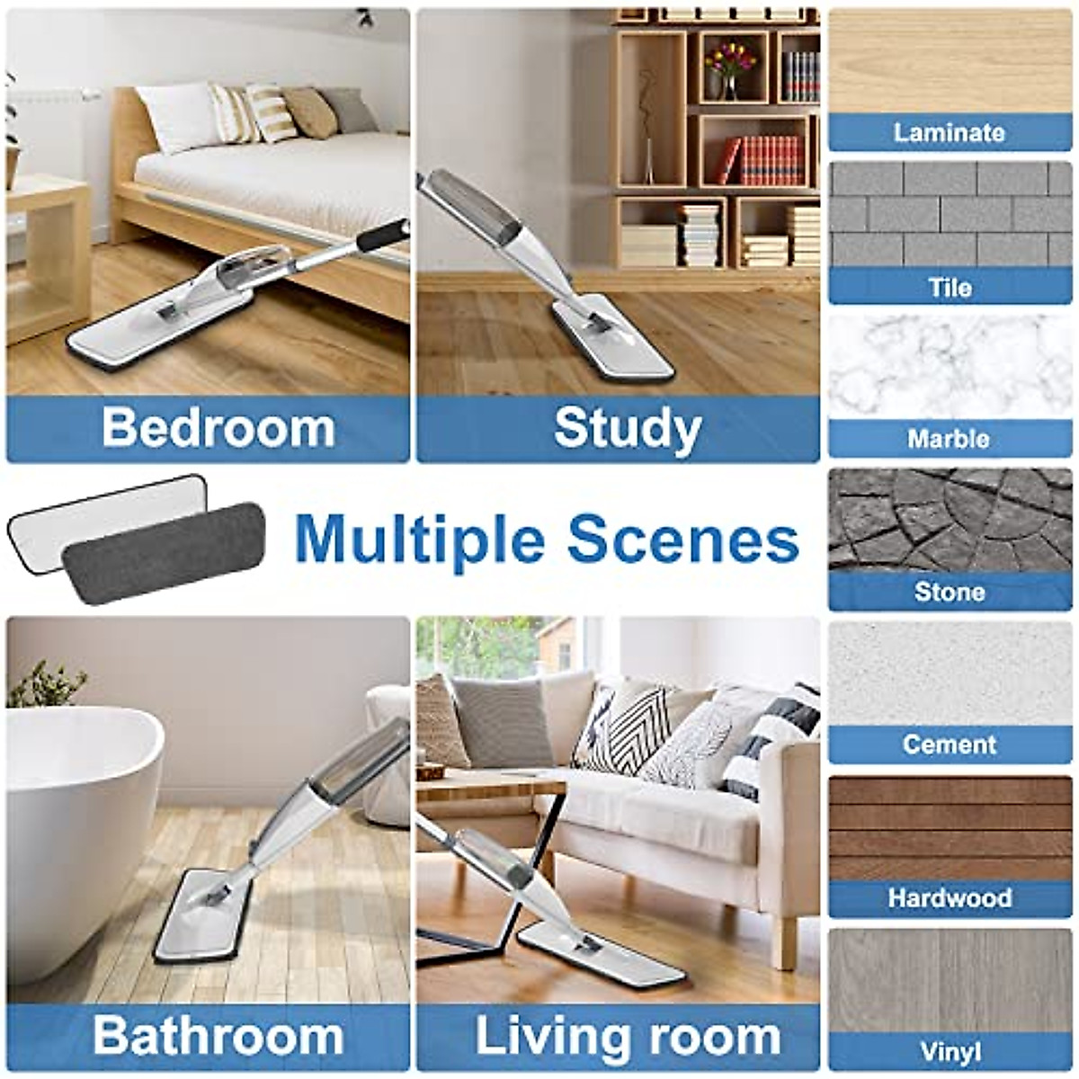 Spray Microfiber Mop for Floor Cleaning - Dust Dry Wet Mop with 4 Reusable Refillable Washable Chenille Mop Head Replacement Pads for Commercial and Home Kitchen Hardwood Laminate Vinyl Tile Floor Mop