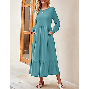 ZESICA Women's Spring Long Sleeve Dress 2025 Crewneck Casual Loose Pleated Tiered Swing Midi Dresses with Pockets,Sage,Medium
