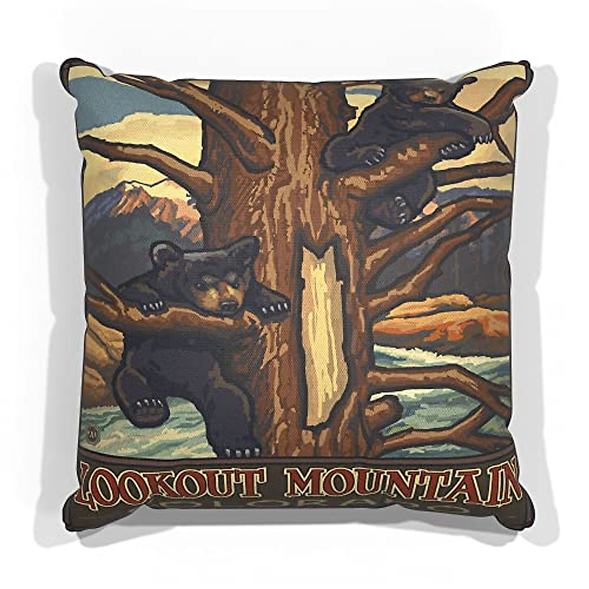 Lookout Mountain Colorado Two Bear Cubs Canvas Throw Pillow for Couch or Sofa at Home & Office from Travel Artwork by Artist Paul A. Lanquist 18" x 18".