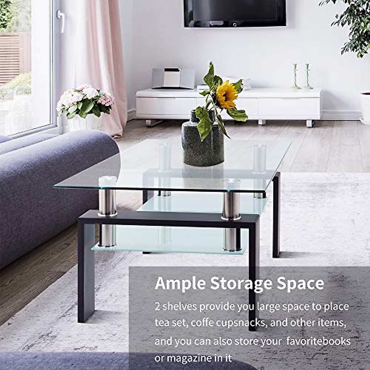 Depointer Life Glass Coffee Table, Rectangle Modern Side Coffee Table with Lower Shelf, Perfect for Living Room Conversation Leisure Occasions, Metal Leg, Black