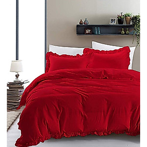Xtream Fabric 1 Piece Frilled Duvet Cover with Corner Edge Ruffle Comforter Cover & 2 Pillowcase, 3 PCs Frilled Duvet Set Cotton 800 TC King/California King Size, Red