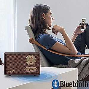 LoopTone FM AM Radio Retro Wood Radio with Bluetooth Play Mp3 and Antenna Built in Speaker for Kitchen Living Room