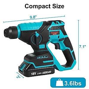 Cordless Rotary Hammer Drill Kit with 2.0Ah Lithium-Ion Battery and Charger,Brushless Motor,SDS Plus,2 Modes,3 Drill Bits,Variable Speed for Concrete Wood Brick Metal
