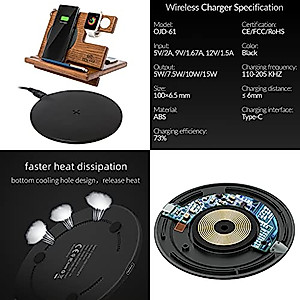 TESLYAR Wood Phone Docking Station Ash Key Holder Wallet Stand Watch Organizer Men Husband Wireless Charging Pad Slim Birthday Nightstand Purse Tablet Watch Compatible with Qi Devices