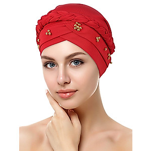 4 Pieces African Women Turban Cap Head Wraps Beaded Headscarf Beanie Wrap (Black, Grey, White, Red,Bead Style)