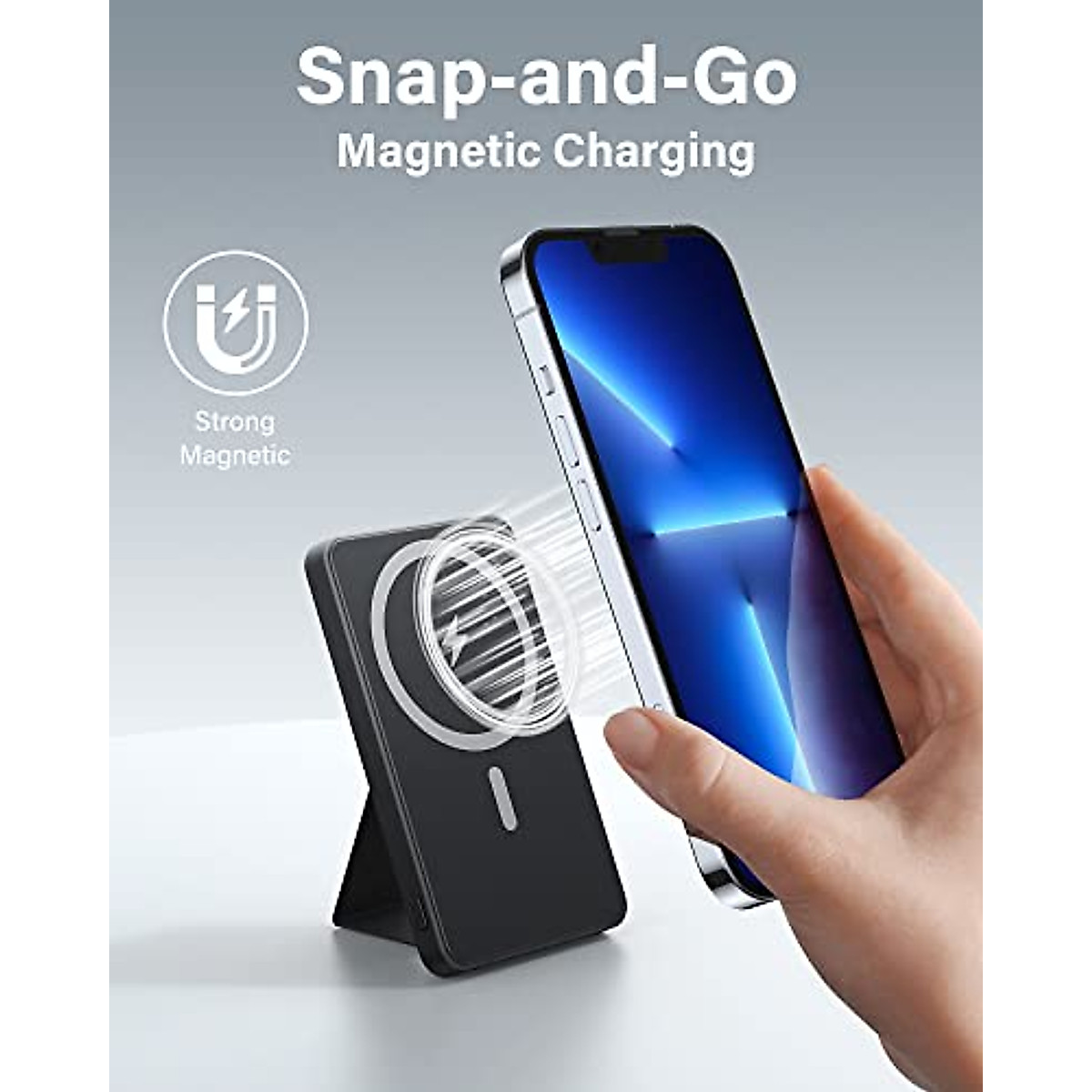 Fokimdo Magnetic Wireless Power Bank, Ultra-Thin 5000mAh Portable Charger Power Bank with Foldable Stand, Mag-Safe Battery Pack 5V/3A USB-C Output Input for iPhone 14/13/12 Series