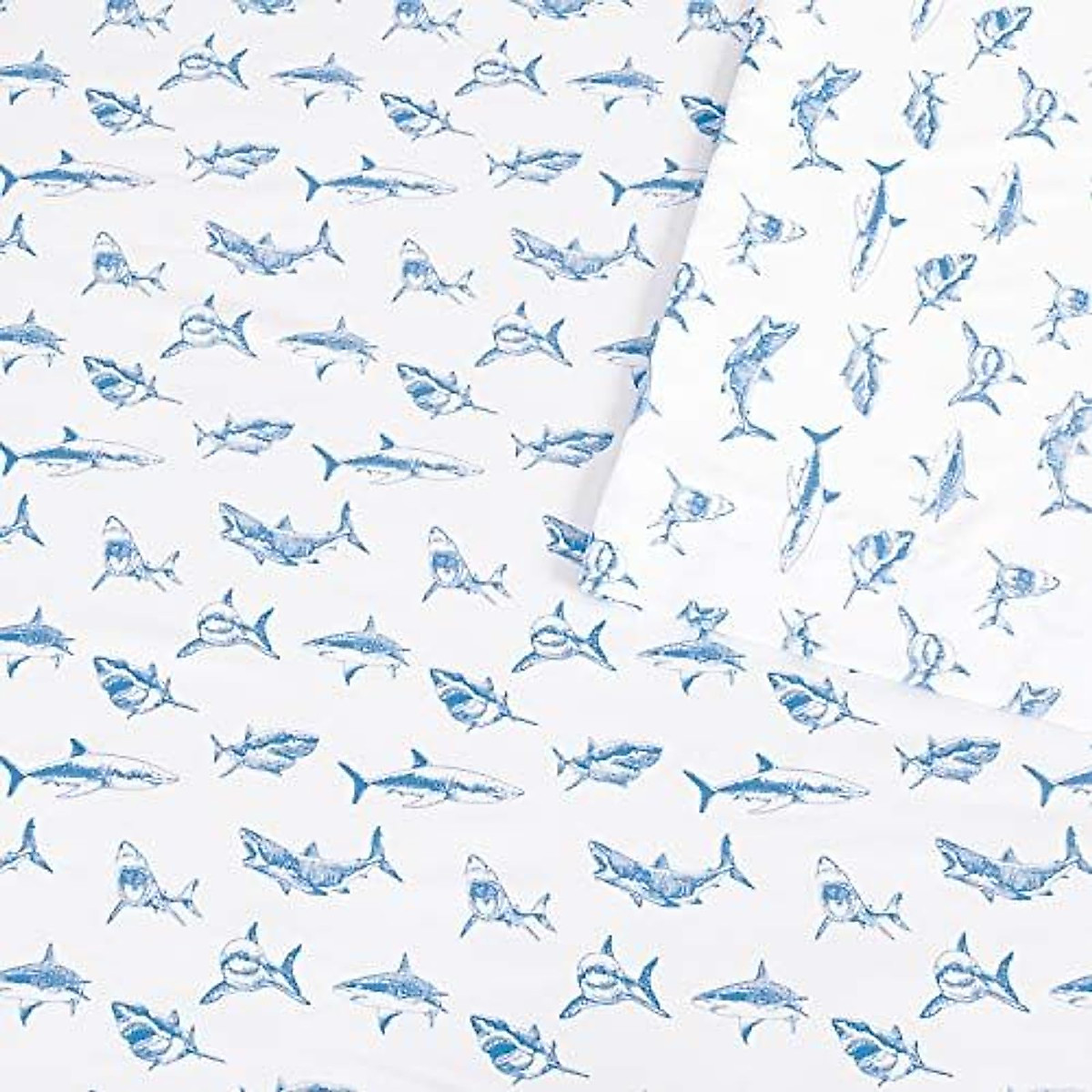 Kids Rule 4-Piece Shark Sketch Sheet Set for Boys & Kids - 1 Full Flat Sheet, 1 Full Fitted Sheet & 2 Queen Pillowcases, Soft Brushed Microfiber Polyester Bed Sheet, Smooth & Durable