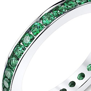 PEORA Simulated Emerald Eternity Ring Band for Women 925 Sterling Silver, 1.50 Carats total Round Shape, 3mm width, Size 7
