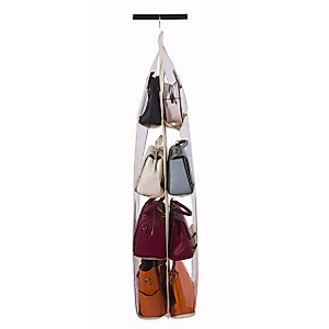 Amelitory Hanging Handbags Holder for Closet 4 Shelf Purse Bags Storage 8 Compartment Dust-Proof Organizer Beige