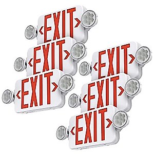 SASELUX Red Led Exit Sign Emergency Light Combo Adjustable Two Head, Double Sided and Battery Backup Exit Light, Contractor Select, AC 120/277V (6 Pack)