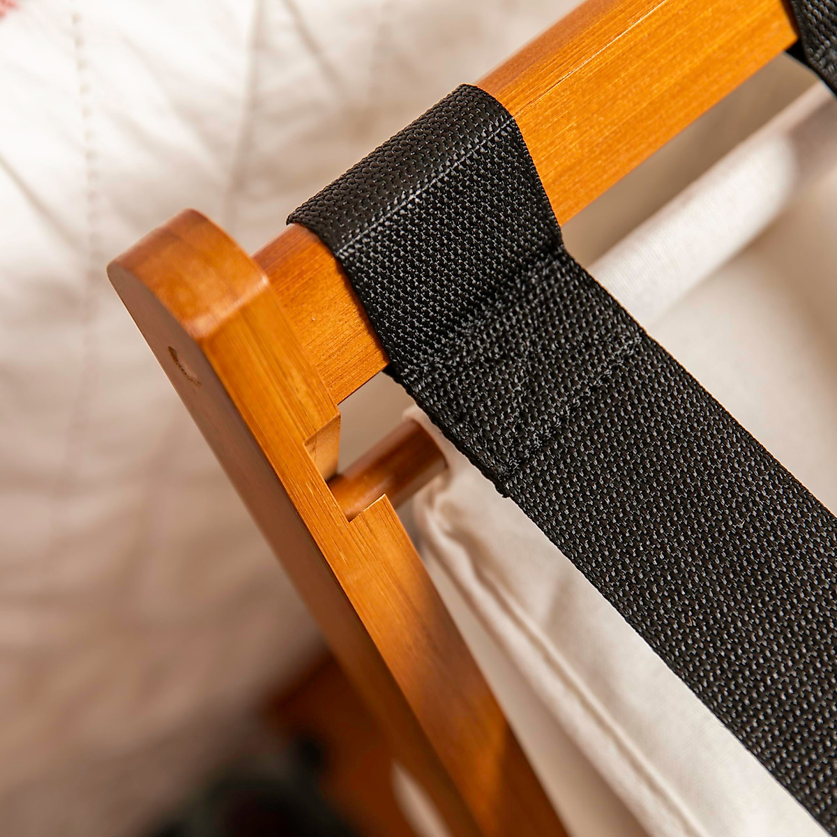 DomeNest Folding Luggage Rack for Guest Room with Laundry Bag - Heavy Duty Space Saving Baggage Suitcase Stand Storage Shelf Made from Natural Bamboo - Fully Assembled Foldable Hotel Bedroom Luggage Holder