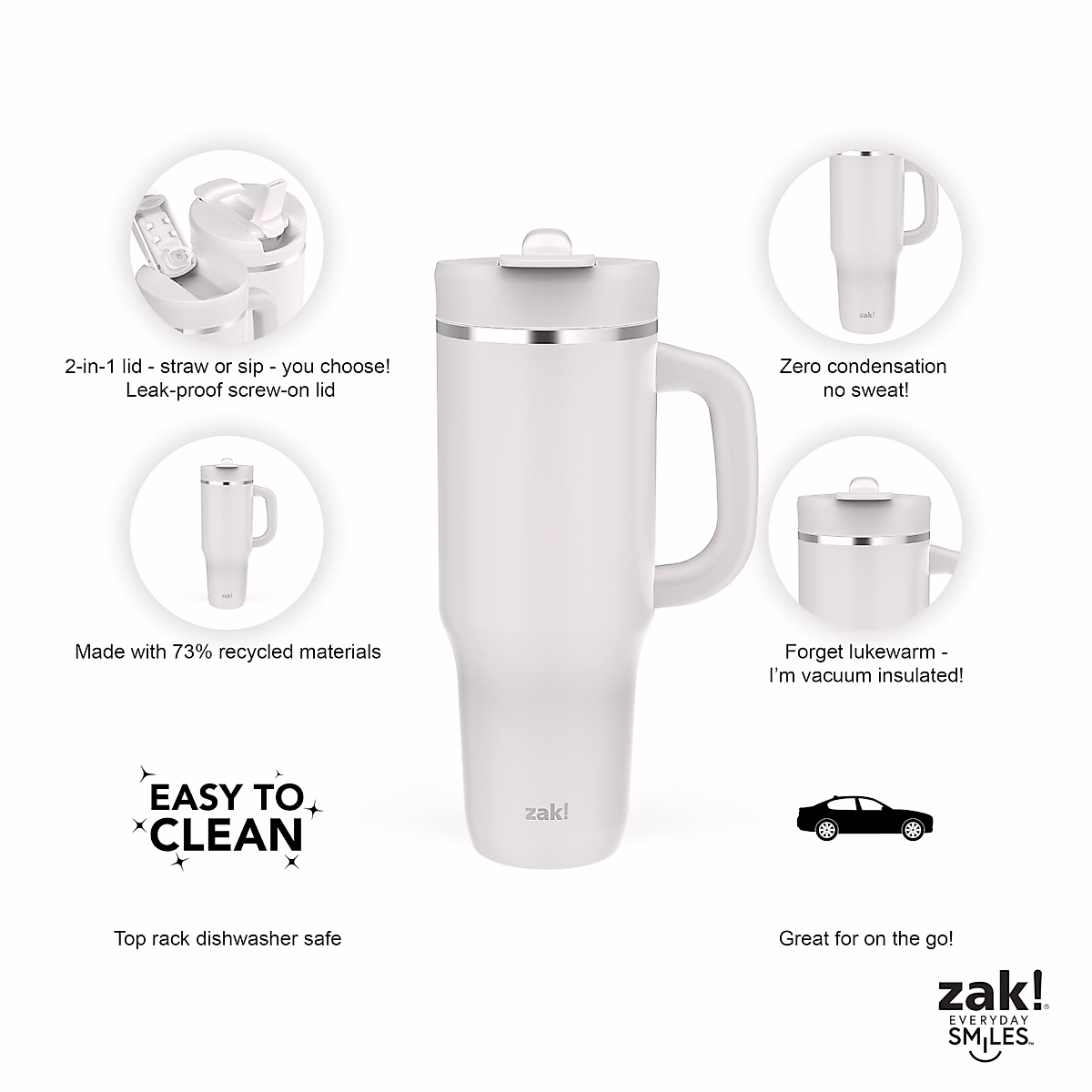Zak Designs Harmony 2-in-1 Coffee Tumbler for Travel or At Home, 40oz Recycled Stainless Steel is Leak-Proof When Closed and Vacuum Insulated with Handle (Linen White)