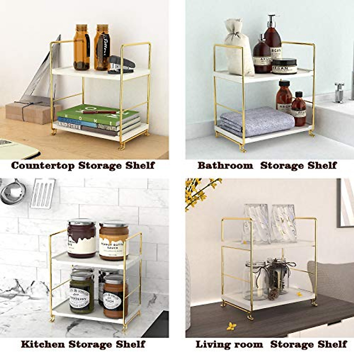 kaileyouxiangongsi 2-Tier Kitchen Spice Rack - Freestanding Stackable Organizer Shelf - Bathroom Organizer Countertop Storage Shelf - Cosmetic Organizer Holder- Square Standing Rack (Golden)