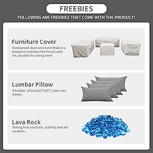 Patio Furniture Sectional Sofa 5-Piece 50000 BTU Propane Gas Fire Pit Outdoor Wicker Furniture Set Square Steel Pit Table Grille Tabletop with No-Slip Cushions Furniture Covers, Light Grey