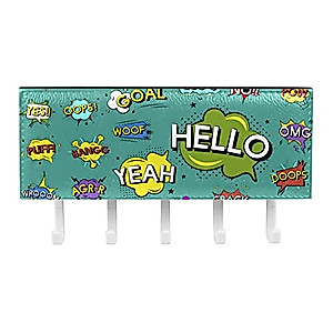 Collection of Explosion Comic Mail Holder Organizer and Key Hooks PU Front, Self Adhesive Key Rack with 5 Hooks Perfect for Entryway, Hallway，Bathroom ，Kitchen