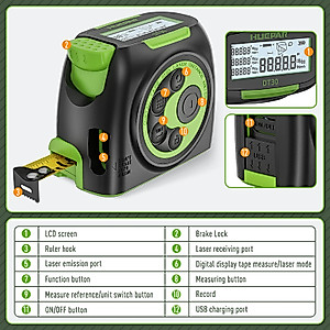 Huepar 2-in-1 Laser Tape Measure, 197Ft Rechargeable Laser Measurement Tool & 16Ft. Measure Tape with Backlit LCD & Movable Hook -Pythagorean, Area, Volume, M/in/Ft Unit Switch Digital Distance Meter