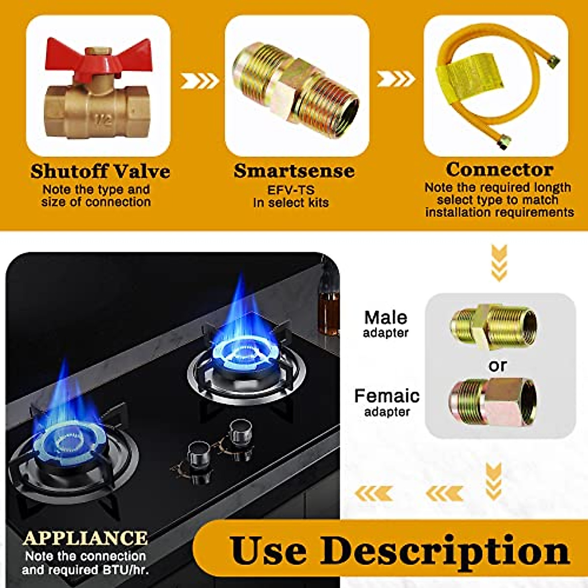 Hosile 48" Flexible Gas Line Kit for Dryer, Stove, Range, Stainless Steel Gas Dryer Connector Kit, 5/8 in.OD(1/2 in. ID）Dryer Gas Line with Connector 1/2" FIP & 1/2" MIP & 3/4" MIP Fitting