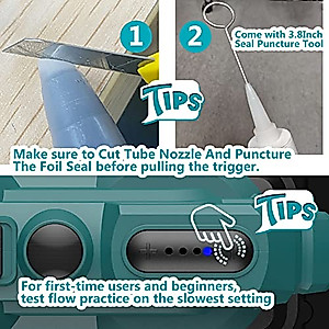 Uaoaii Cordless Caulking Gun, 20V Electric Caulk Adhesive Gun w/2.0Ah Li-Battery & Charger, LED Light, 4 Adjustable Speeds Drip-Free Caul Gun w/ 3 in 1 Caulking Tools for Filling, Sealing -10oz/300ml