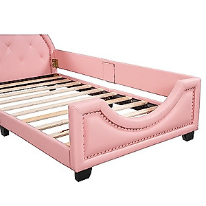 Mancofy Twin Size Cute Upholstered Daybed with Carton Ears Shaped Headboard, Wooden Twin Platform Bed Frame for Girls Boys, PU Leather Sofa Bed, Low Profile Single Bed (Triangular Ears Pink)