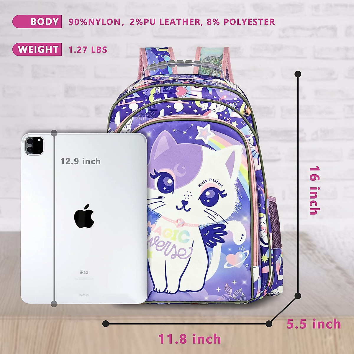 Girls Backpack 16 Inch Kids Backpacks for Girls Cute Cat Backpack for Girls Kawaii Light Purple Backpack for Preschool Elementary Kindergarten Large Capacity