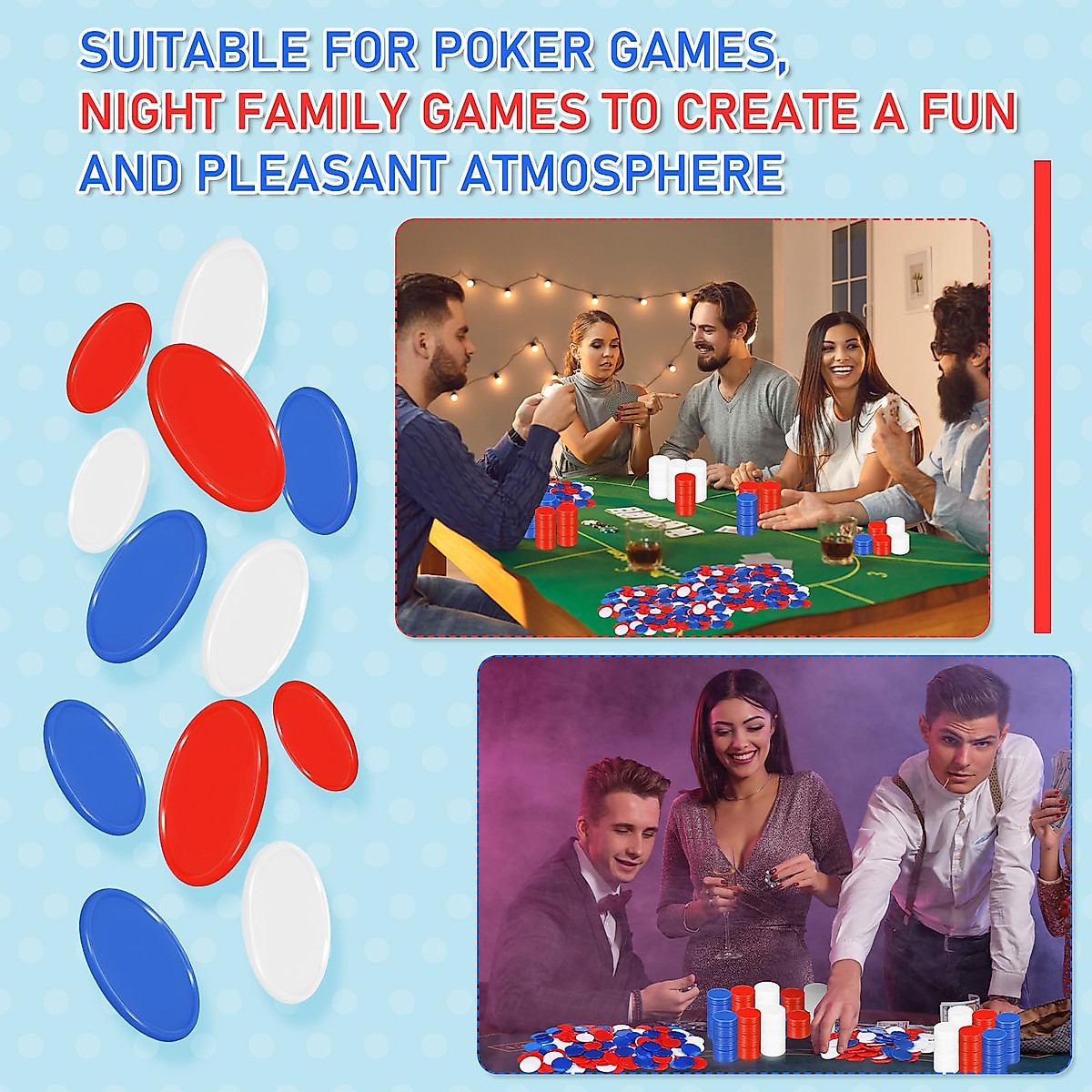 Wettarn 1200 Pcs Plastic Poker Chips 1.45 Inch Game Chips 3 Colors Poker Chip Set Bingo Chips Blank Counting Chips or Adults Kids Poker Game Counters Learning Math Counting Play, Red, Blue, White