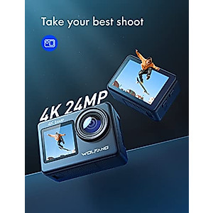 WOLFANG GA200 24MP 4K Action Camera 40M Waterproof Underwater Camera for Snorkeling, EIS WiFi Adjustable Wide Angle Dual Screen Camera for Vlog, Webcam(Charger, Remote Control and Helmet Accessories)