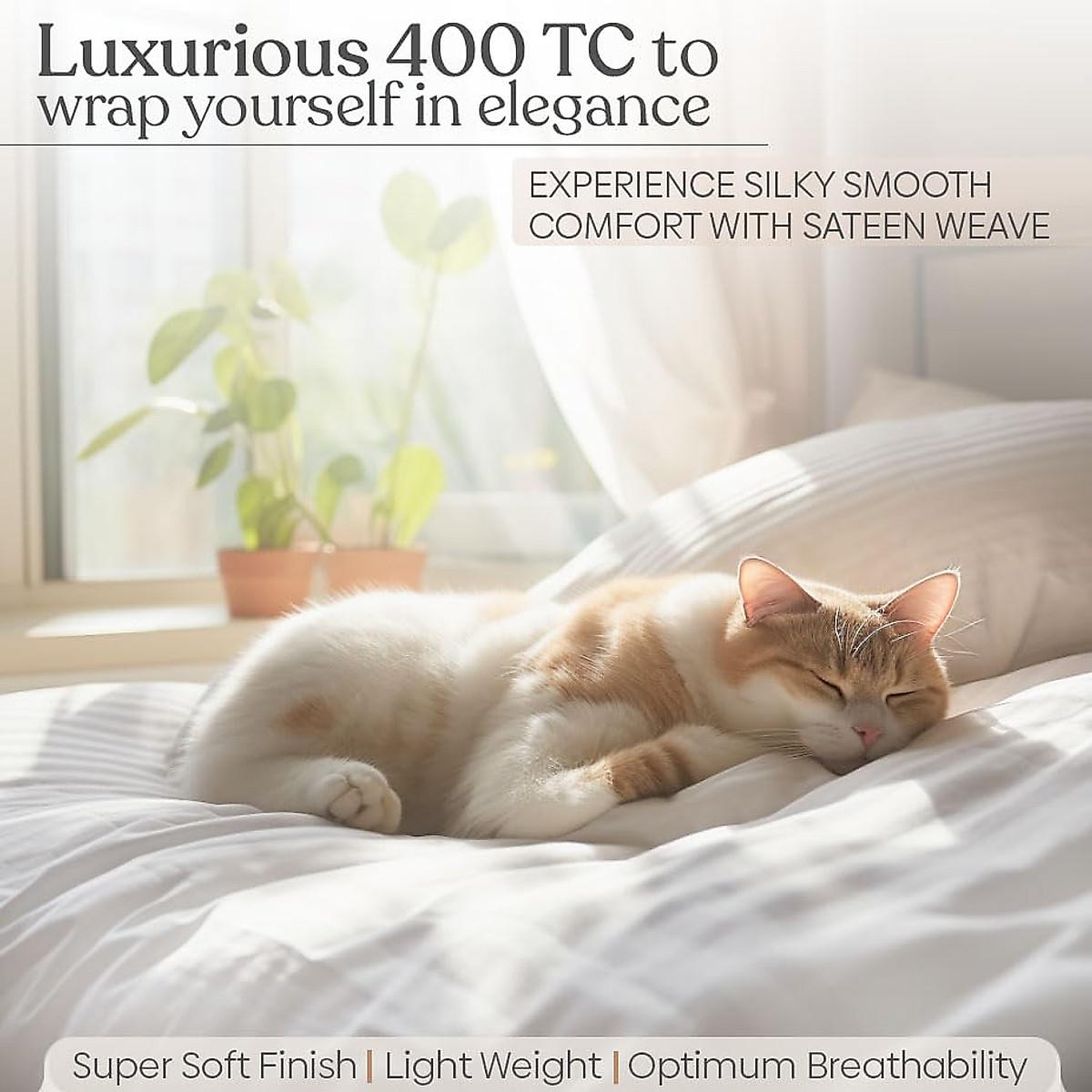 Queen Size White Color Flat and Fitted Sheet Set of 4 | Haus and Kinder 400 TC Hotel Luxury Breathable Bedding Sheets | 100% Long Staple Cotton, Sateen Weave Bed Sheets (Queen, White)