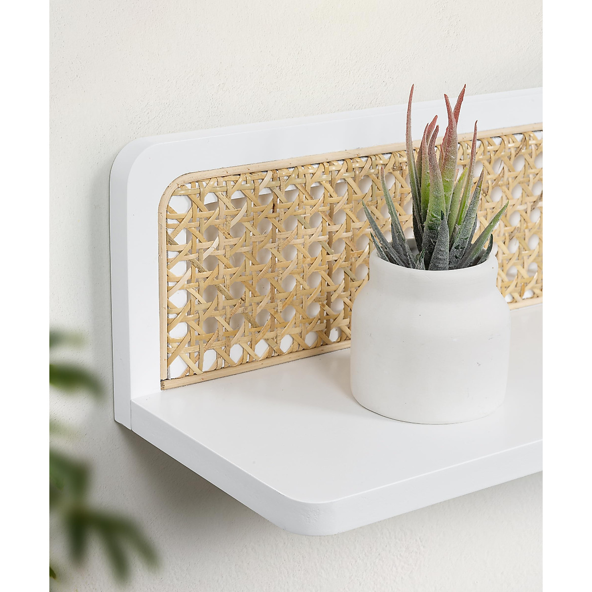 Mazjoaru Rattan Wall Shelf 16inch Set of 2, Handmade Floating Shelves Boho Wall Decor, Rustic Wood Wall Mounted Storage Shelves for Living Room Nursery Bedroom