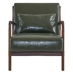 Flulep 80 * 65 * 73cm Single Seat B Style Backrest Without Buckle with Pillow PU Walnut Oak Armrests Indoor Leisure Chair Dark Green