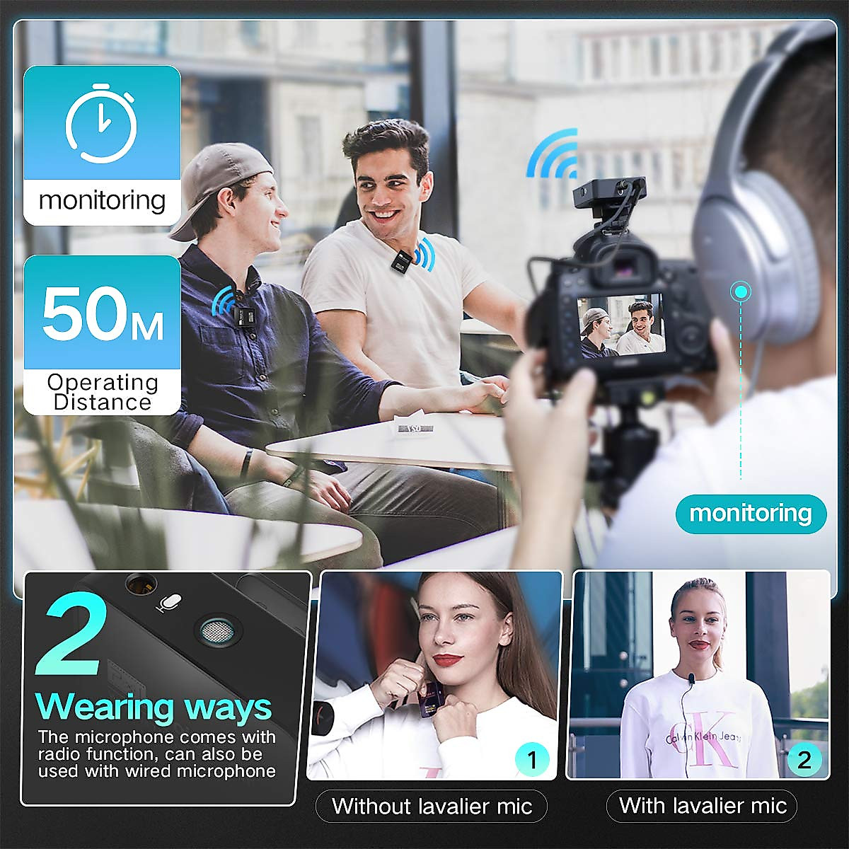 PIXEL UHF Wireless Lavalier Microphone System with 1 Receiver, 2 Transmitters, and 2 Lapel Microphones Compatible with Camera,Smartphones,DSLR,and Video Cameras,Mobile Devices YouTube Facebook Live