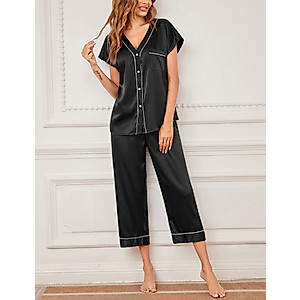 Ekouaer Satin Pajama Set Womens Short Sleeve V Neck Silky Shirt with Capri Pants Button Down PJs Soft Silky Loungewear Black XXL