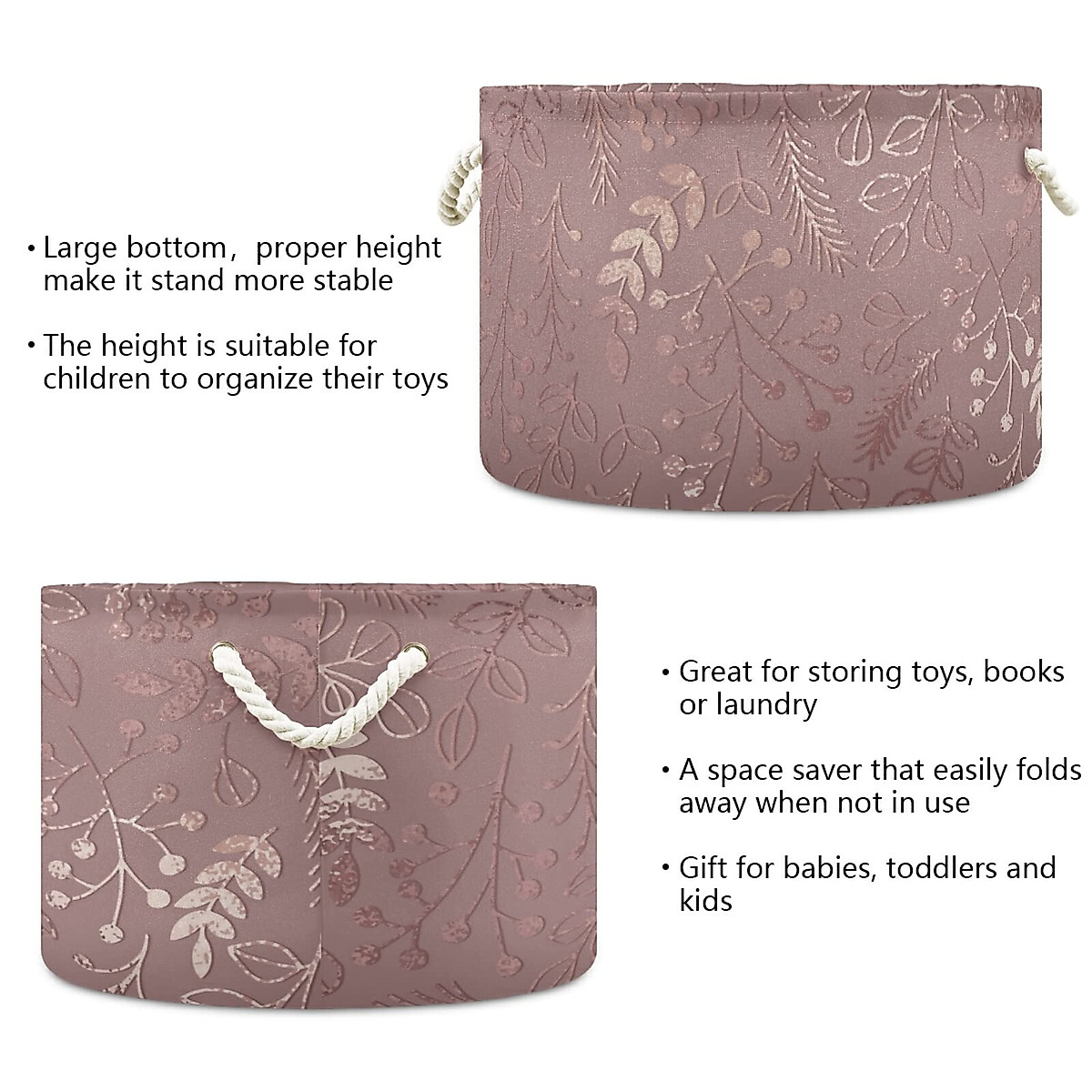 xigua Rose Gold Flower Large Round storage basket 20 x14 Inches Collapsible Round Storage Bin, Laundry Basket Organizer for Towels, Blanket, Toys, Clothes