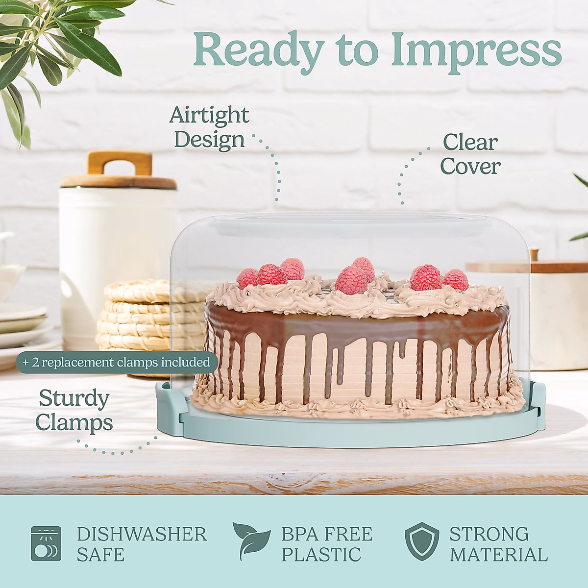 Cake Carrier with Lid and Handle - Multipurpose Cake Stand with Lid for 10” Cake, Pie, Cupcakes - Cake Holder & Lid, Plastic Cake Container, Round Cake Cover for Transport & Storage (Seafoam Green)