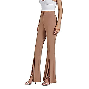 LYANER Women's Elastic High Waist Flare Leg Split Front Elegant Long Pants with Pockets Khaki X-Large