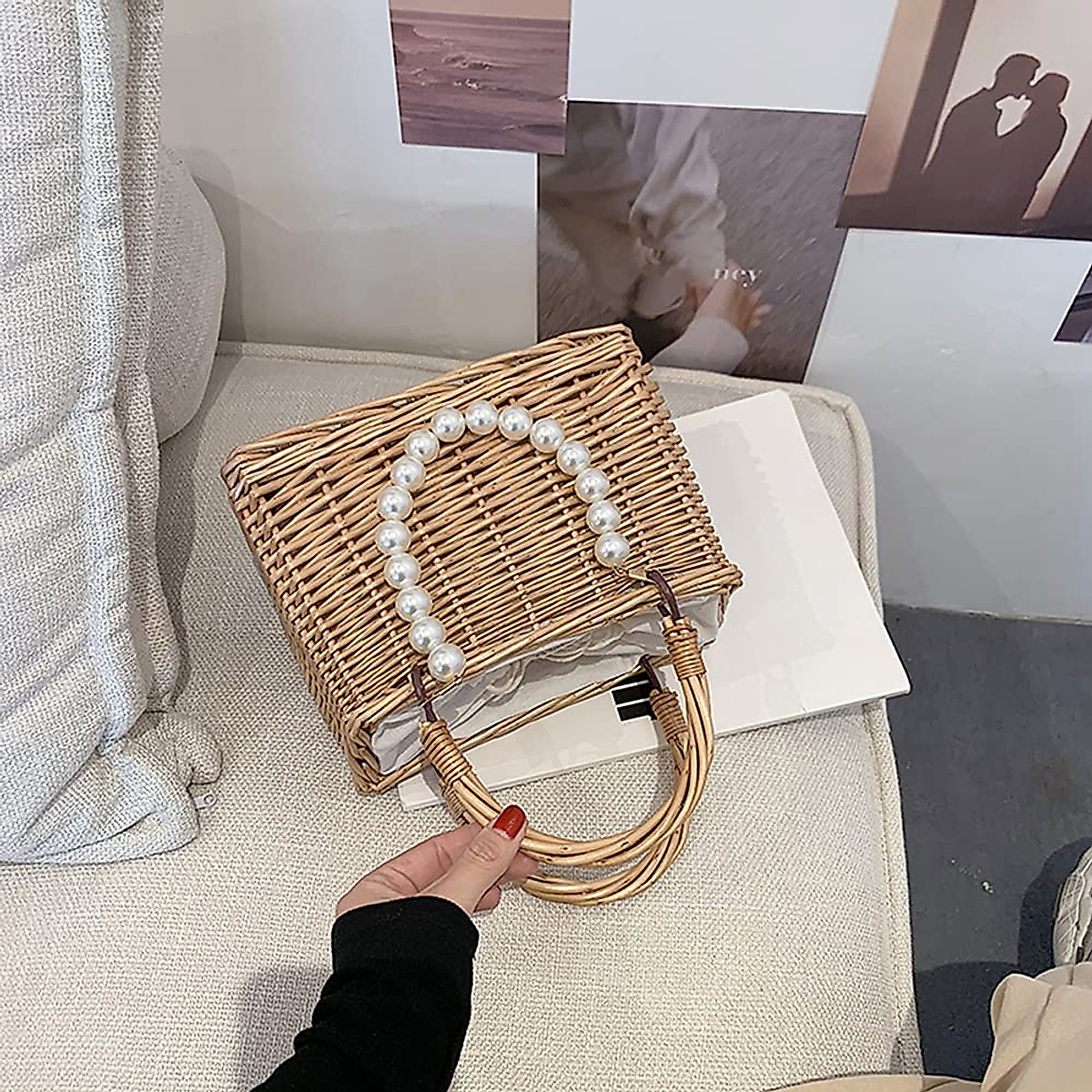 BMTLFG Rattan Woven Tote Bags Natural Chic Summer Beach Tote Pearl Basket Handbag Ladies Beach Women's Classic Woven Handbag