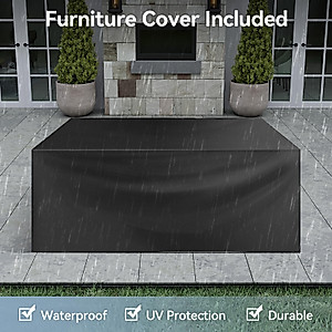 Aoxun 7 Pieces Patio Furniture Set Outdoor Wicker Rattan Furniture 44” Fire Pit Table Outdoor Sectional Sofa Include Waterproof Cover with Thickened Cushions (7 Piece, Beige)