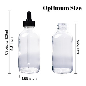 HWASHIN 24 Pack 4oz Clear Glass Bottles with Glass Eye Droppers for Essential Oils, Perfumes & Lab Chemicals (2 Brushes, 2 Funnels, 2 Extra Droppers, 36 Pieces Labels & 30ml Measuring Cup Included)