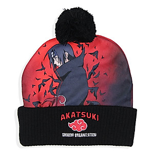 Bioworld Naruto Shippuden Itachi Akatsuki Shinobi Organization Cuffed Pom Beanie Hat Black