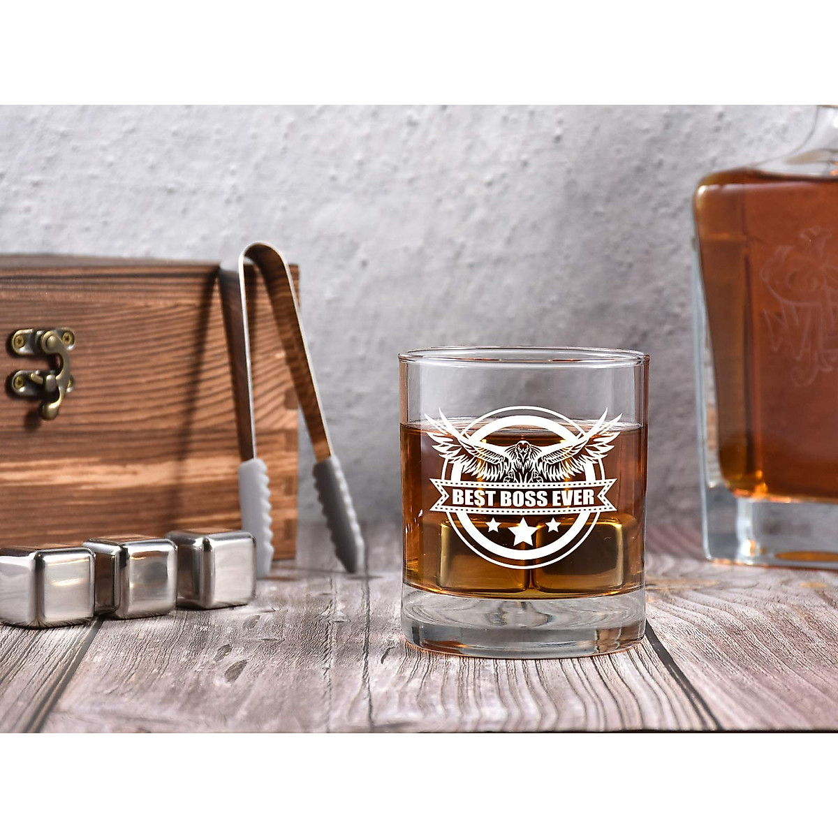 Best Boss Ever Whiskey Glass Stones Gifts for Boss, Funny Men's Christmas Birthday Day Gifts for Boss Supervisor Office Administrator Mentor Manager Coach Friends, Bourbon Scotch Glass Gift Set