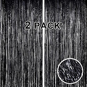 Black Backdrop Curtain for Party Supplies - 6.5x8.2ft, Pack of 2 | LILF Black Tinsel Foil Fringe Curtain Streamers for Birthday Party Halloween Graduation Decoration Black Photo Booth Backdrop Props