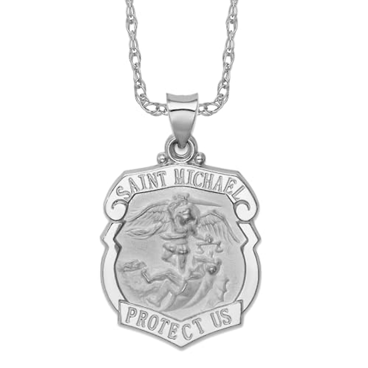 IceCarats 14K White Gold Saint Michael Medal Protects Us Patron Archangel Guardian Angel Necklace Christian Religious Pendant Faith Charm 33mm x 22mm Only