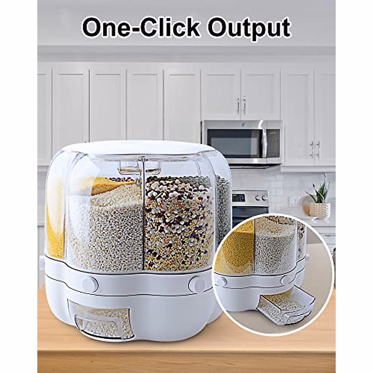 WOWFUNNY Grain Dispenser, 7.2 Qt Rotating Rice Dispenser Storage Container, 6-Compartment Dry Food Dispenser with Measuring Cup, Food Storage Containers for Kitchen Small Grains, Beans, Rice (7.2Qt)