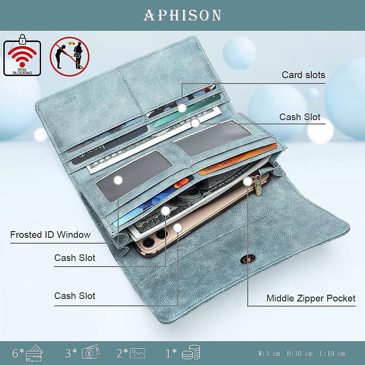 APHISON Womens Wallets RFID Blocking PU Leather Clutch Long Wallet for Women Card Holder Phone Organizer Ladies Travel Purse Hollow Out Sunflower Design Gift Box 2214BLUE