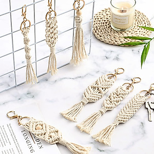 Junkin Macrame Boho Keychains Bulk Handcrafted Aesthetic Key Chain with Tassel for Women Car Key Purse Wallet Beige (12 Pieces)